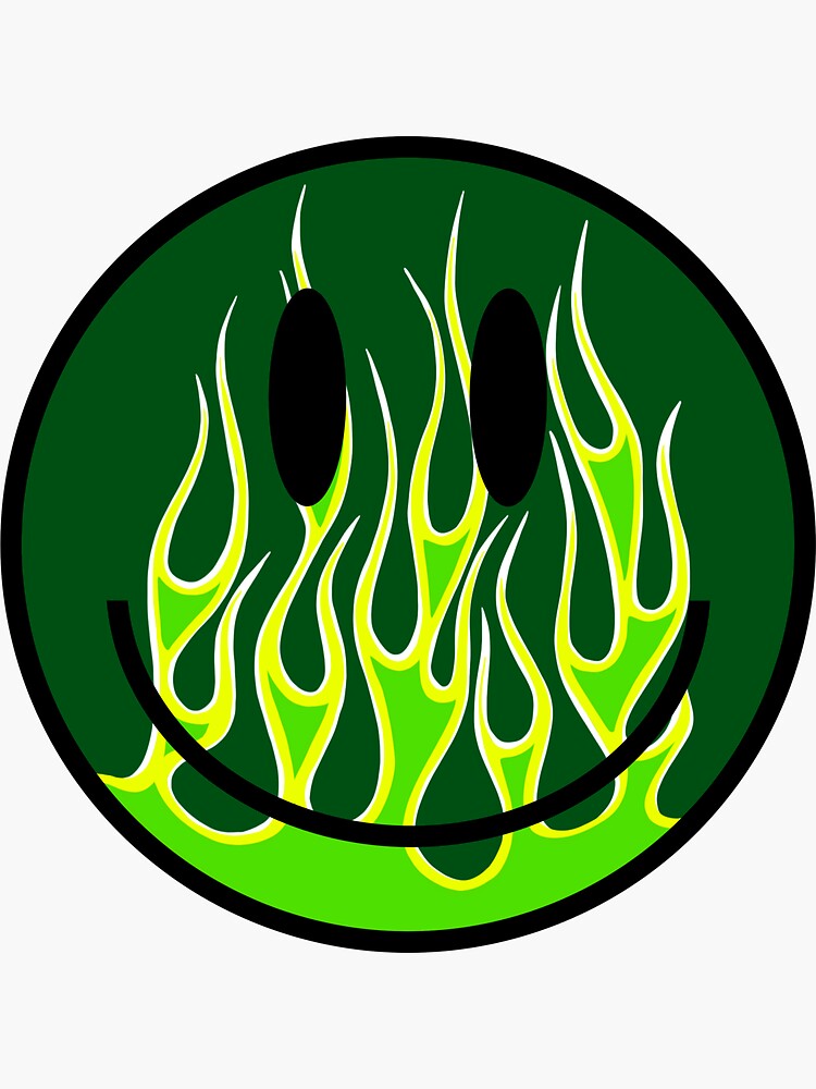 "green flames smiley face" Sticker for Sale by createdbymolly | Redbubble