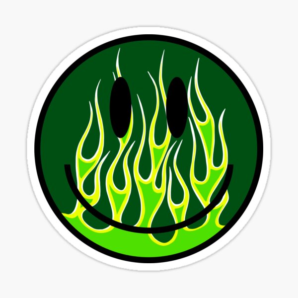 "green flames smiley face" Sticker for Sale by createdbymolly | Redbubble