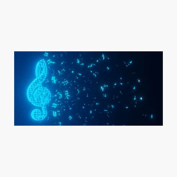 "Blue digital glowing music treble clef symbol with musical notes on ...