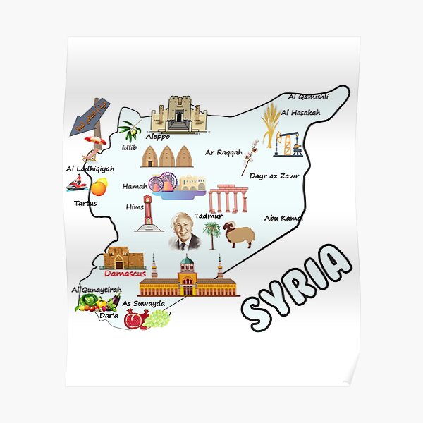 "Syria map, major cities names flag Syrian national symbols and ...