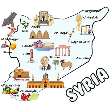 "Syria map, major cities names flag Syrian national symbols and ...
