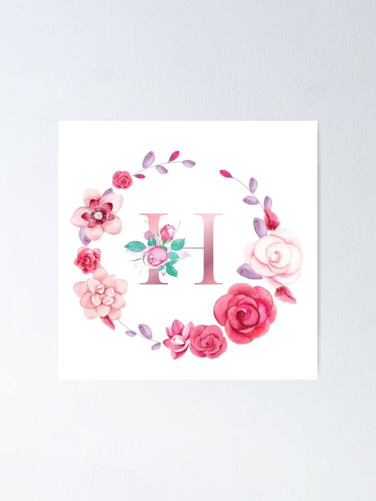 " Floral and pink Initial Monogram h,rose gold lettre h with pink rose ...