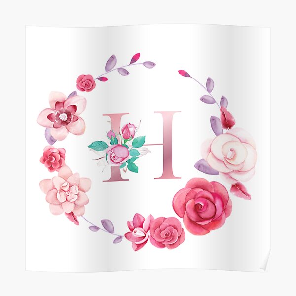 " Floral and pink Initial Monogram h,rose gold lettre h with pink rose ...