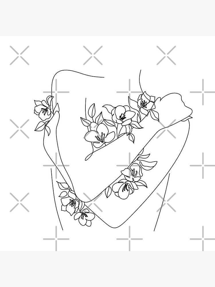 "Self love. woman hugs herself, flowers grow out Line Art Print. Woman ...
