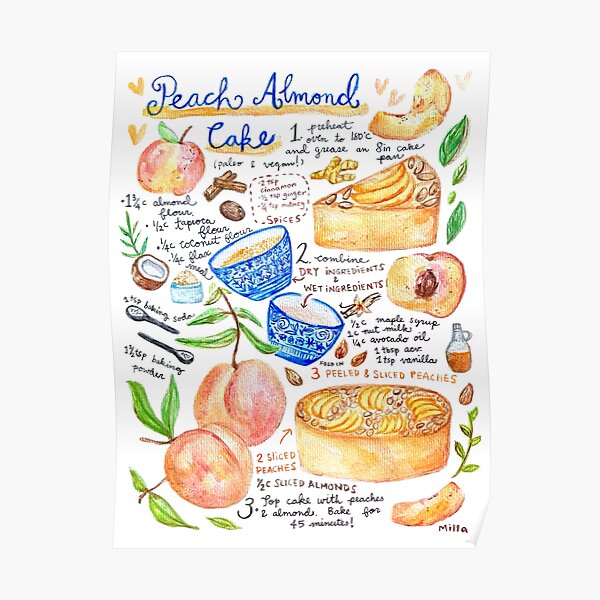 "Peach Almond Cake Recipe " Poster for Sale by millashin | Redbubble