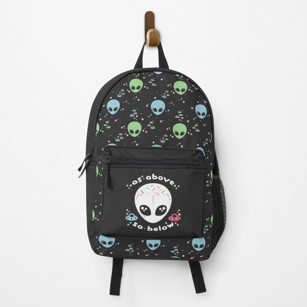 "Green and Blue Alien Heads with UFOs" Backpack for Sale by sugarhai ...