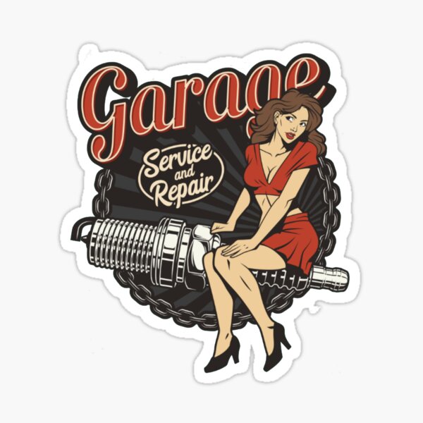 "Service and repair garage pin up" Sticker by BlackRain1977 | Redbubble