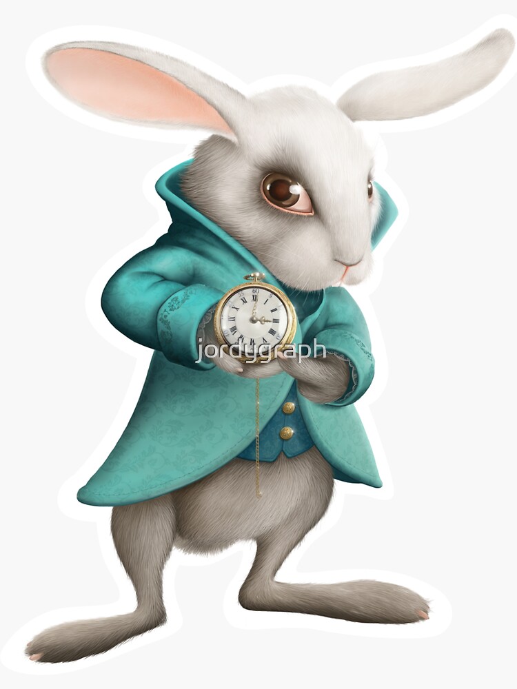 "white rabbit with clock" Sticker for Sale by jordygraph | Redbubble