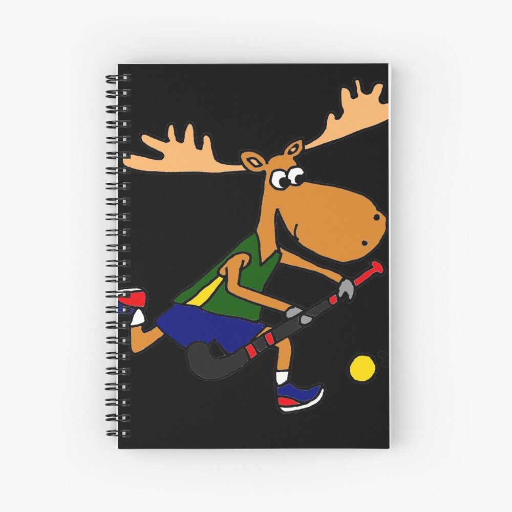 "Funny Cool Moose Playing Field Hockey Cartoon" Spiral Notebook by ...