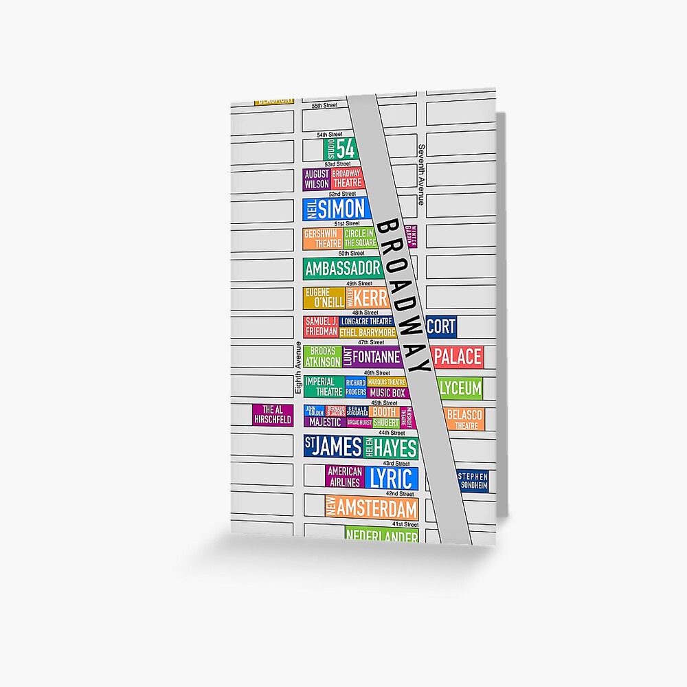 "Broadway Theaters Map- New York City (Diagonal)" Greeting Card for ...