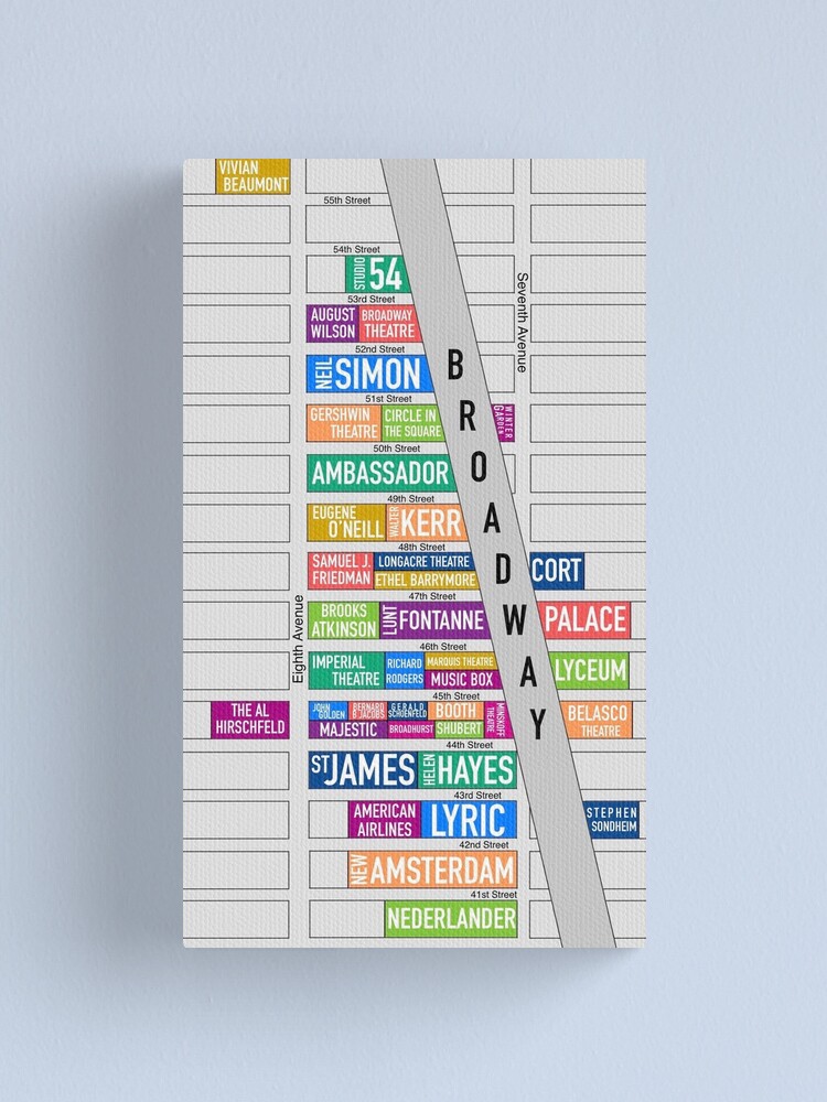 "Broadway Theaters Map- New York City (Straight)" Canvas Print for Sale ...