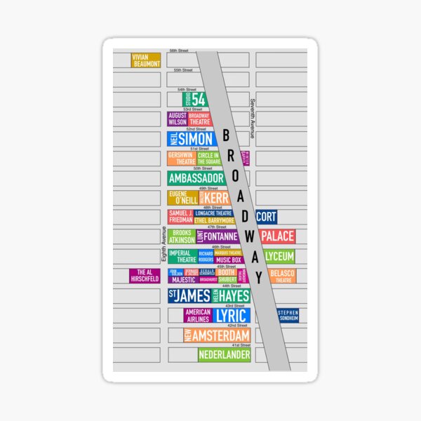 "Broadway Theaters Map- New York City (Straight)" Sticker for Sale by ...
