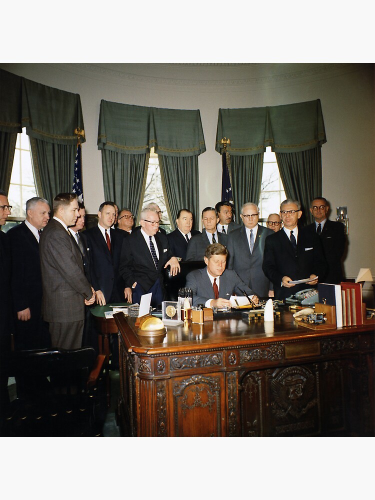"President Kennedy Manpower Act - Oval Office - 1962" Sticker for Sale ...