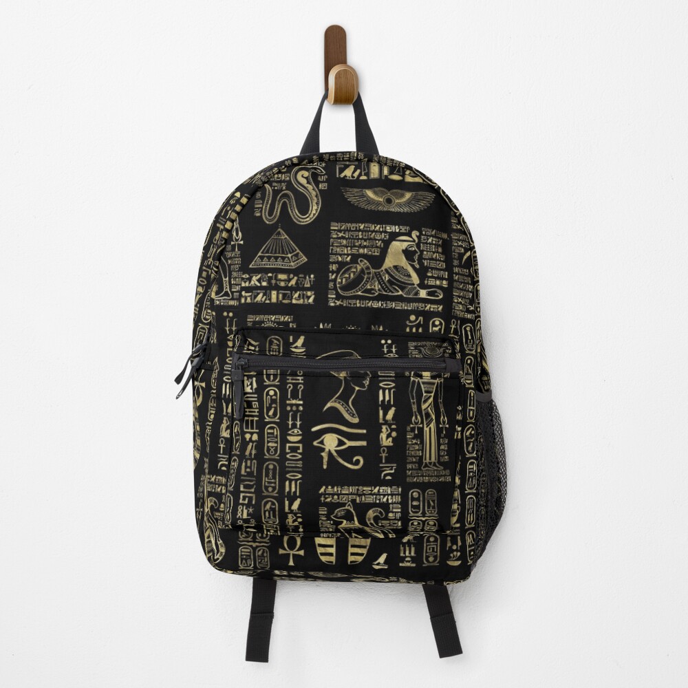 "Egyptian hieroglyphs and deities gold on black " Backpack for Sale by ...