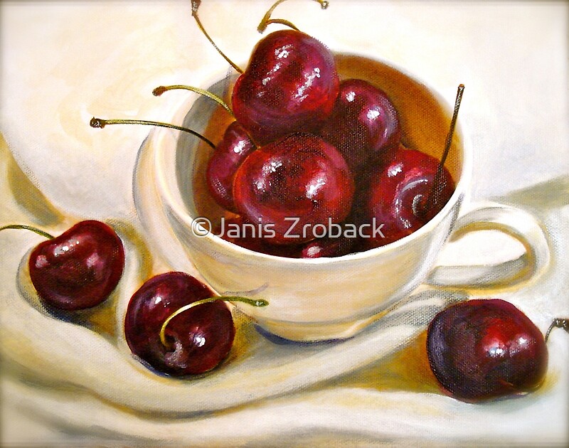 "Still Life in Red and White...Cherries.." by ©Janis Zroback | Redbubble