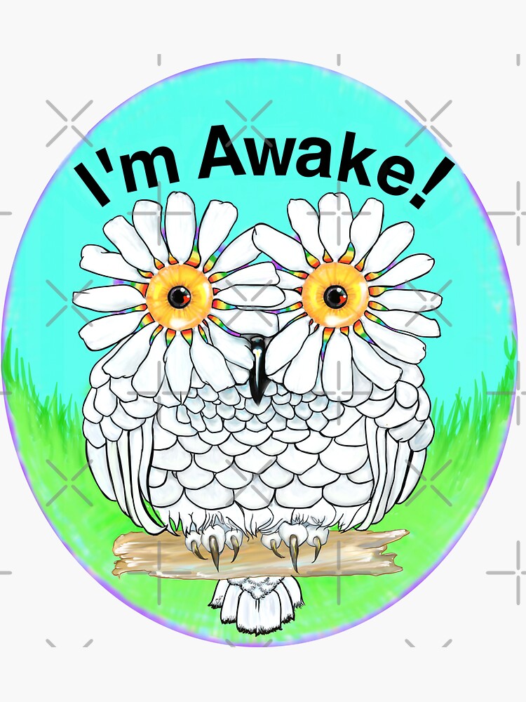 ""I'm Awake!" Cute Daisy Owl 2" Sticker by compozartT-L4G | Redbubble