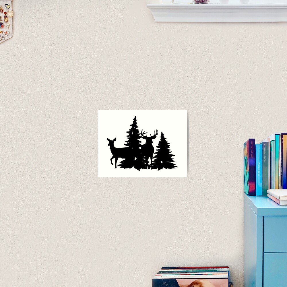 "Buck and Doe standing in pine trees silhouette" Art Print by ...