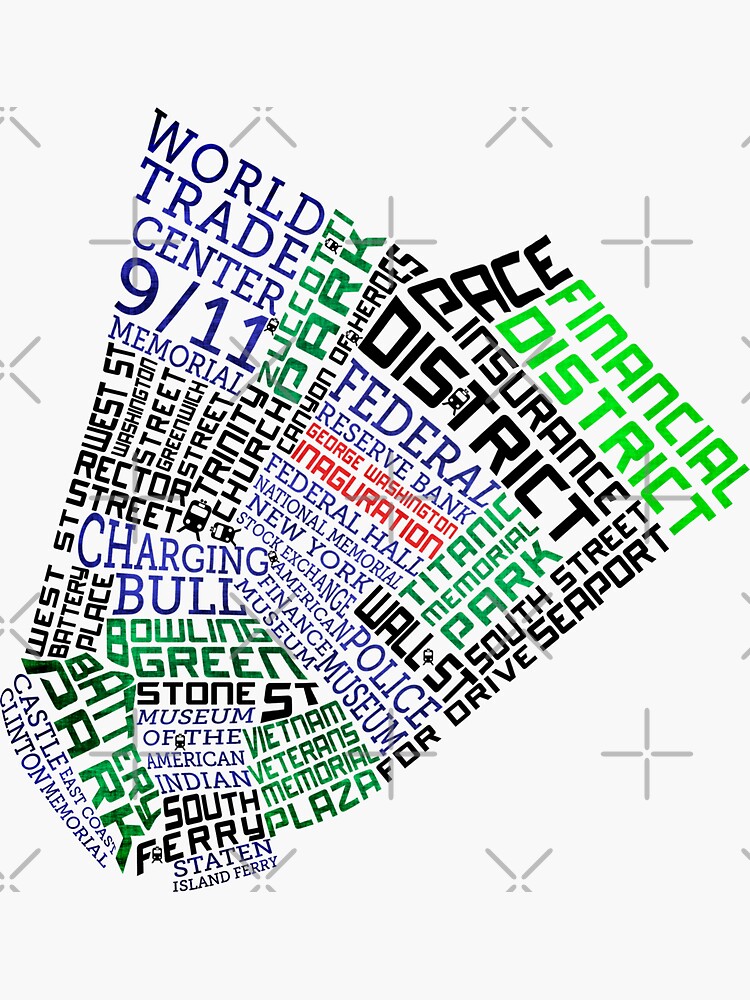 "Financial District, Manhattan Typographic Map, NYC, Word Art" Sticker ...