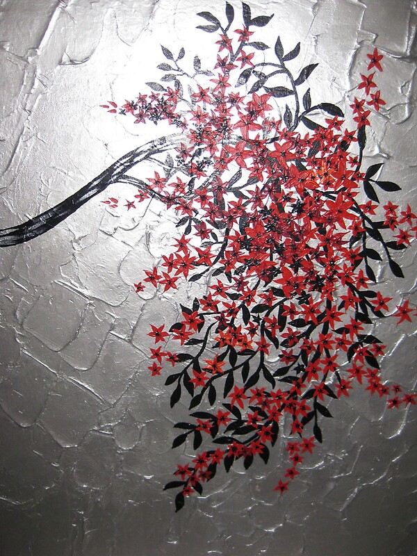 "red black and silver cherry blossom tree art" by cathyjacobs | Redbubble