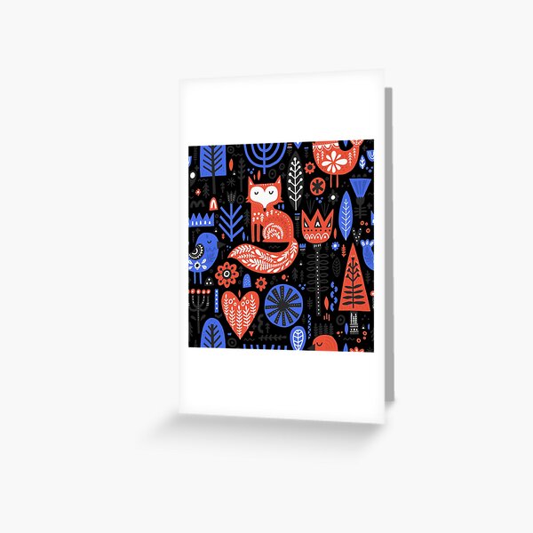 "Slavic Folk Pattern with Fox and Bird Black" Greeting Card by ...