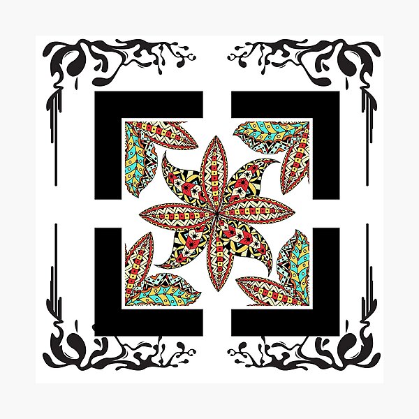 "Ink Blot Border with Colorful Floral Print" Photographic Print for ...