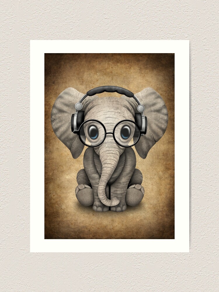 "Cute Baby Elephant Dj Wearing Headphones and Glasses" Art Print for ...