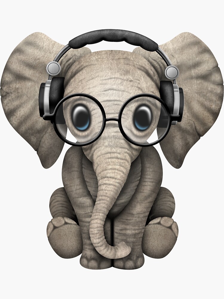 "Cute Baby Elephant Dj Wearing Headphones and Glasses" Sticker for Sale ...