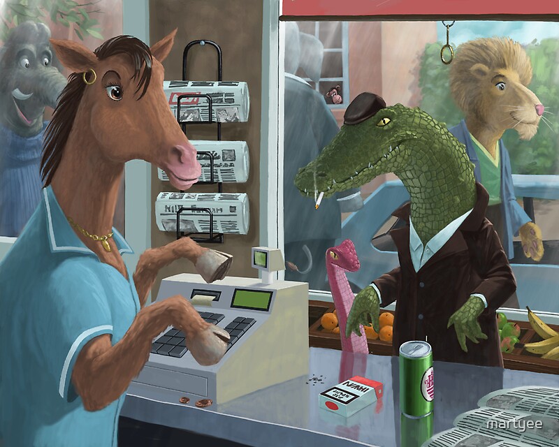 "animal cashier horse serving a crocodile in a shop" by martyee | Redbubble