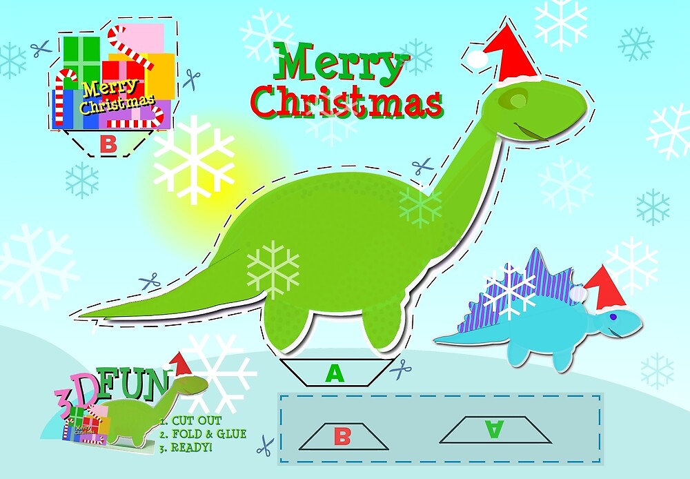 "Cute Green Cartoon Dinosaur Christmas Cut & Paste Paper Craft" by ...
