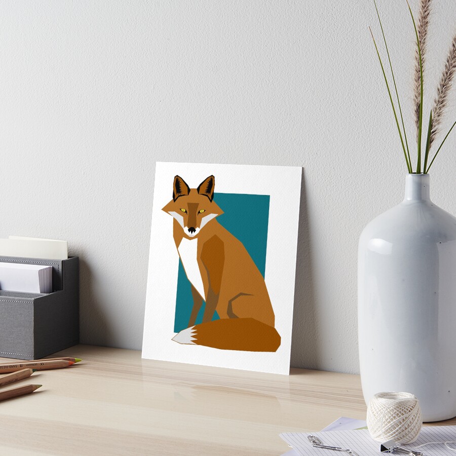 "Red Fox Geometric Art with Teal Background Rectangle" Art Board Print ...