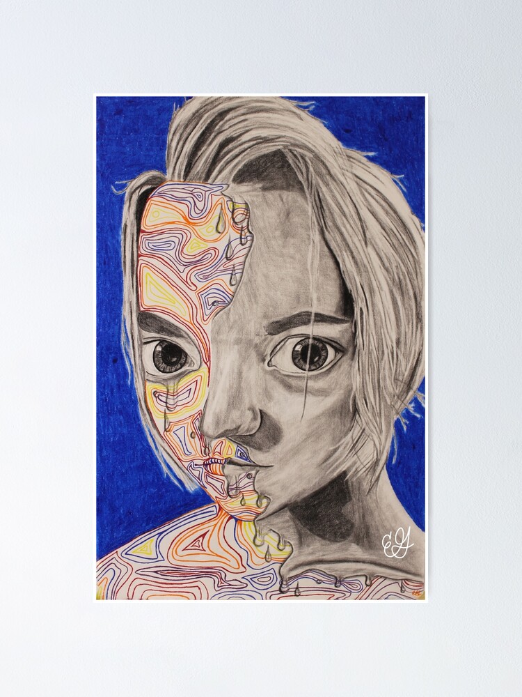 "Stare Down, Rainbow Line Drawing Charcoal Pencil Portrait" Poster for ...