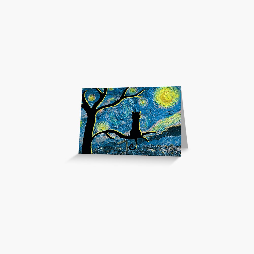 "Starry Cat Night in moon light sitting on tree" Greeting Card for Sale ...