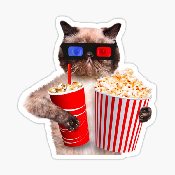"Cat Holding Popcorn And Drinks" Sticker by GregorKuchar | Redbubble