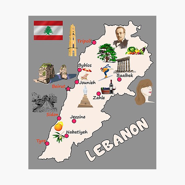 "Lebanon map, major cities names flag Lebanese national symbols and ...