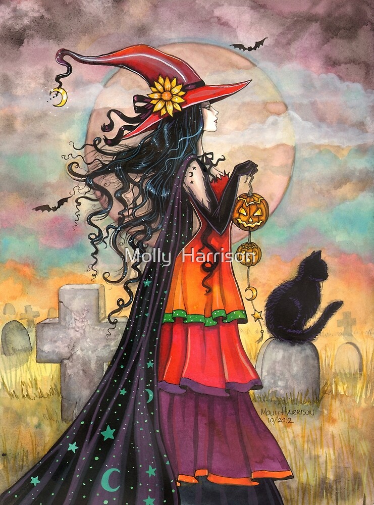 "Witch Way Halloween Witch and Black Cat Fantasy Art" by Molly Harrison ...