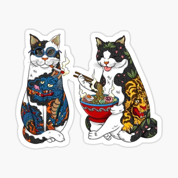 "Two Japanese Cute Cats" Sticker for Sale by ArfinS | Redbubble