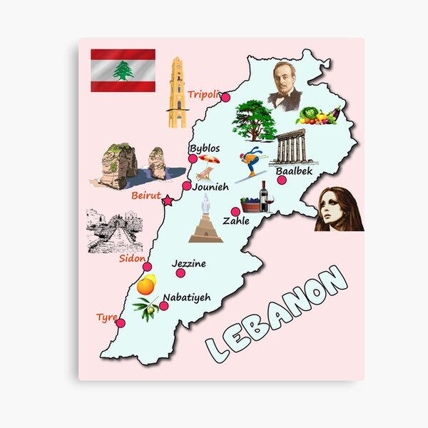"Lebanon map, names of the major cities flag Lebanese national symbols ...