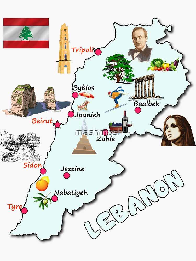 "Lebanon map, names of the major cities flag Lebanese national symbols ...