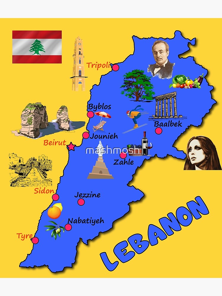 "Lebanon map, major cities names flag Lebanese symbols and landmarks ...