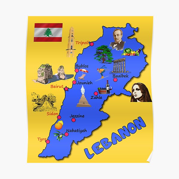 "Lebanon map, major cities names flag Lebanese symbols and landmarks ...