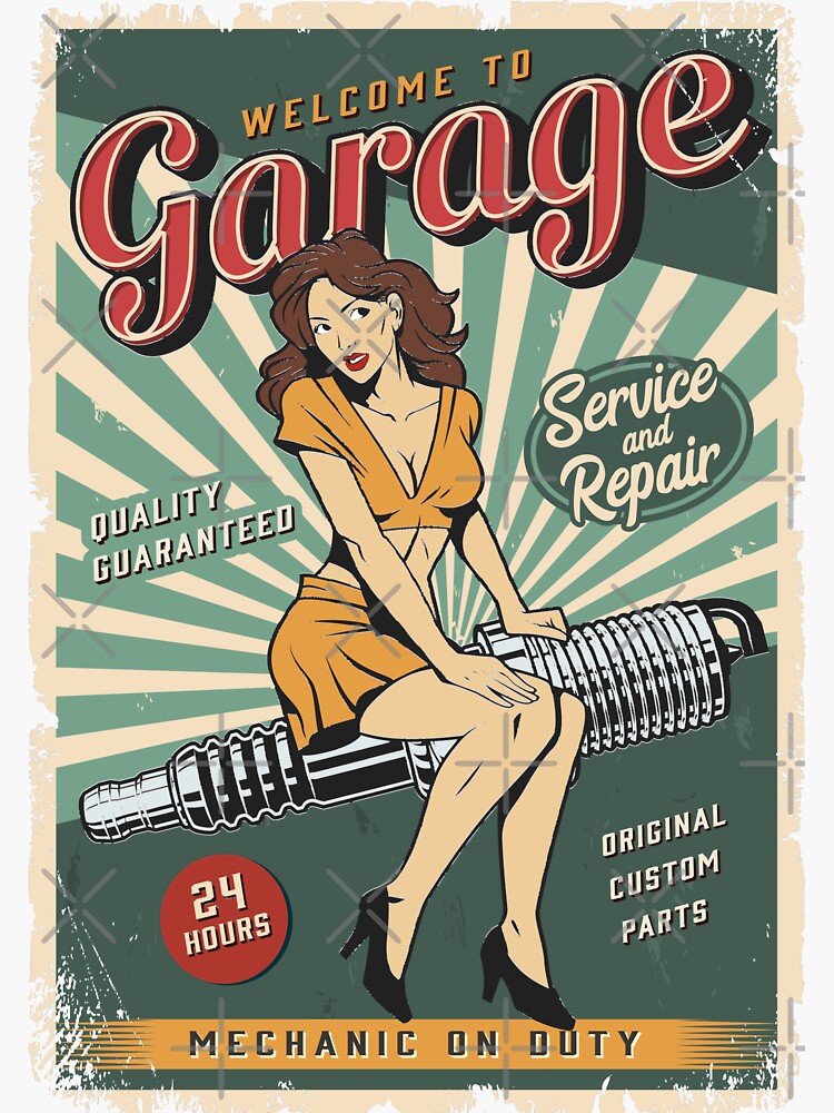 "Vintage Mechanic Garage pin up Girl sign" Sticker for Sale by fixel96 ...