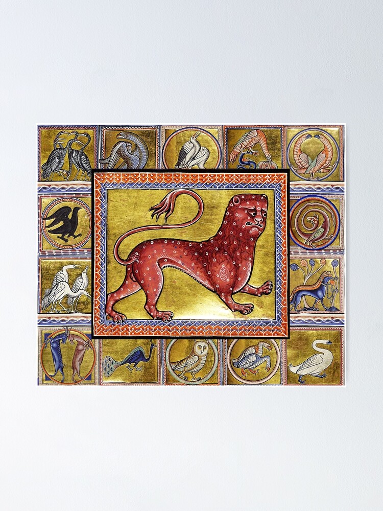 "MEDIEVAL BESTIARY,LEOPARD, FANTASTIC ANIMALS IN GOLD RED BLUE COLORS ...