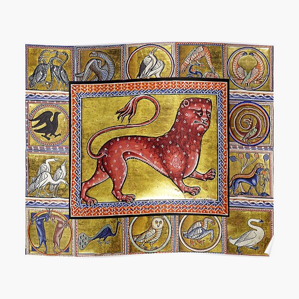 "MEDIEVAL BESTIARY,LEOPARD, FANTASTIC ANIMALS IN GOLD RED BLUE COLORS ...