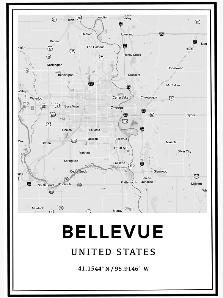 "Bellevue Nebraska Map and Coordinates" Sticker for Sale by Outtahere23 ...