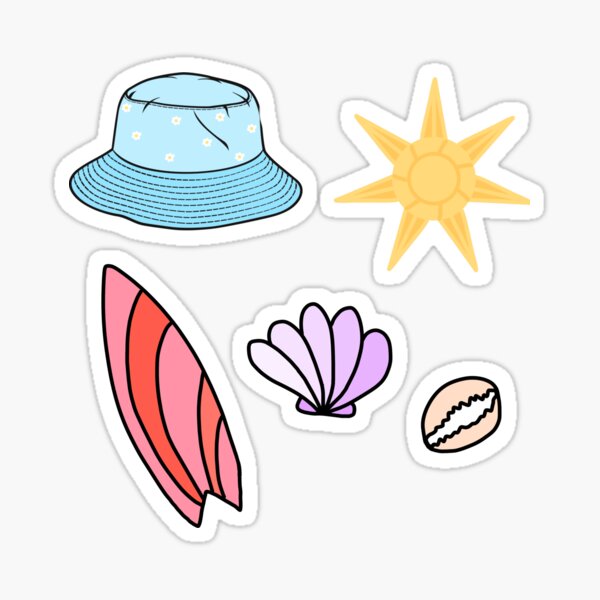 "Beach Vibes, Surfboard, Seashell, sun, bucket hat design " Sticker for ...