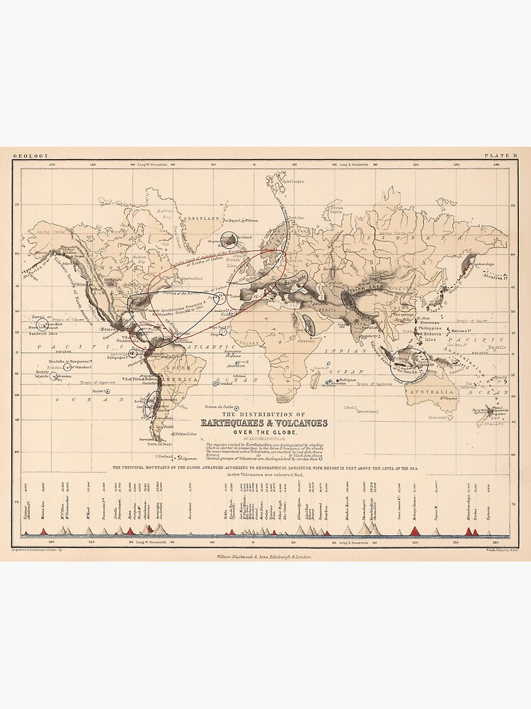 Vintage World Volcanoes, Earthquakes and Tsunamis Map (1852) Premium ...