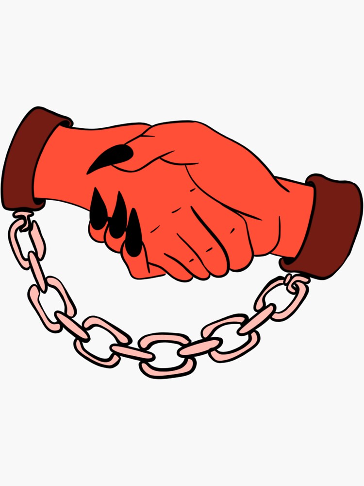 "deal with the devil, red hands shaking with a chain design" Sticker ...