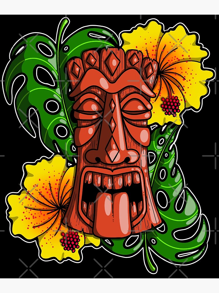 "Mahogany Wooden Tiki with Yellow & Orange Flowers" Poster by ...