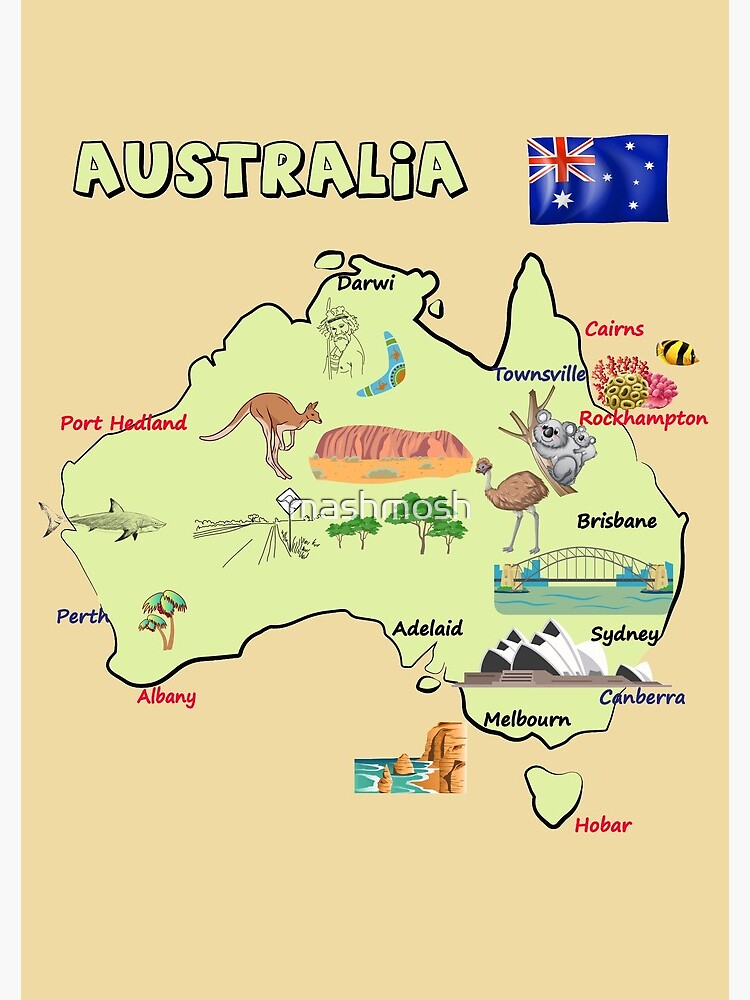 "map of Australia with major cities, flag, and landmarks, Australia Map ...