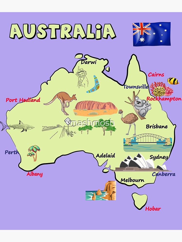 "Australia Map with major cities, flag, landmarks and tourist ...